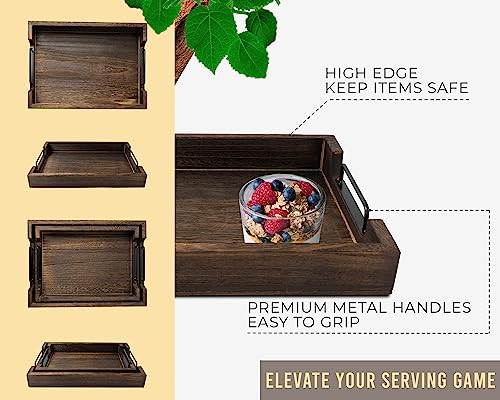 Rustic Wooden Serving Trays with Handle - Set of 2 - Large and Small, Nesting Multipurpose Trays - for Breakfast, Coffee Table/Butler & More - Rustic Brown