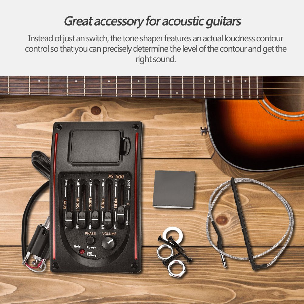 Eujgoov Guitar Preamp, 6.35mm Output Plastic EQ PS-500 5Band Digital Equalizer Pickup Acoustic Electric Guitar Preamplifier