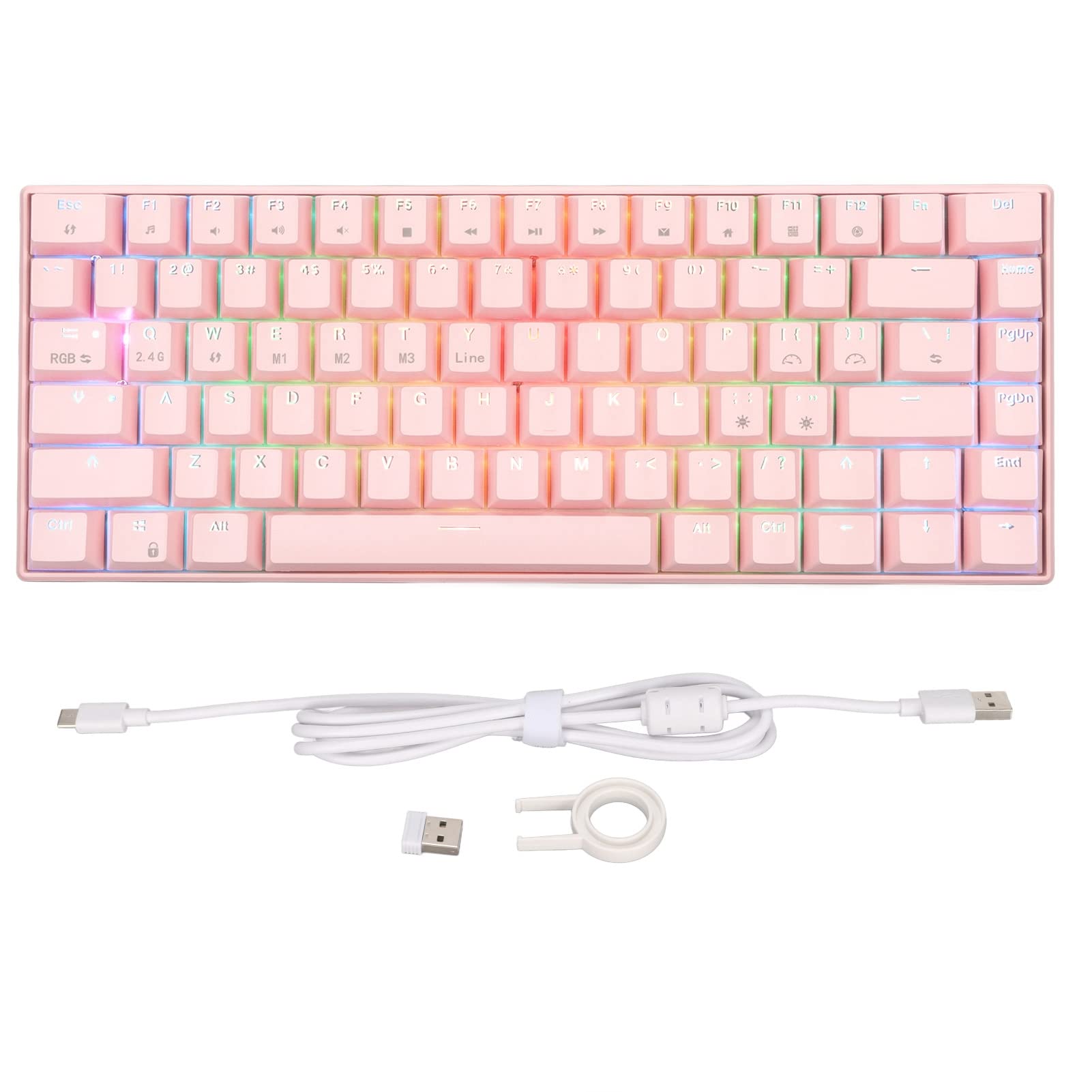 Mechanical Keyboard 82 Key, 3 Connection Modes RGB Backlight Keyboard, Ergonomic Pink Gaming Keyboard for Office, Supports 2.4G Wireless, Bt 3.5/5.0 and Type C Wired Connection (Linear Action Switch)