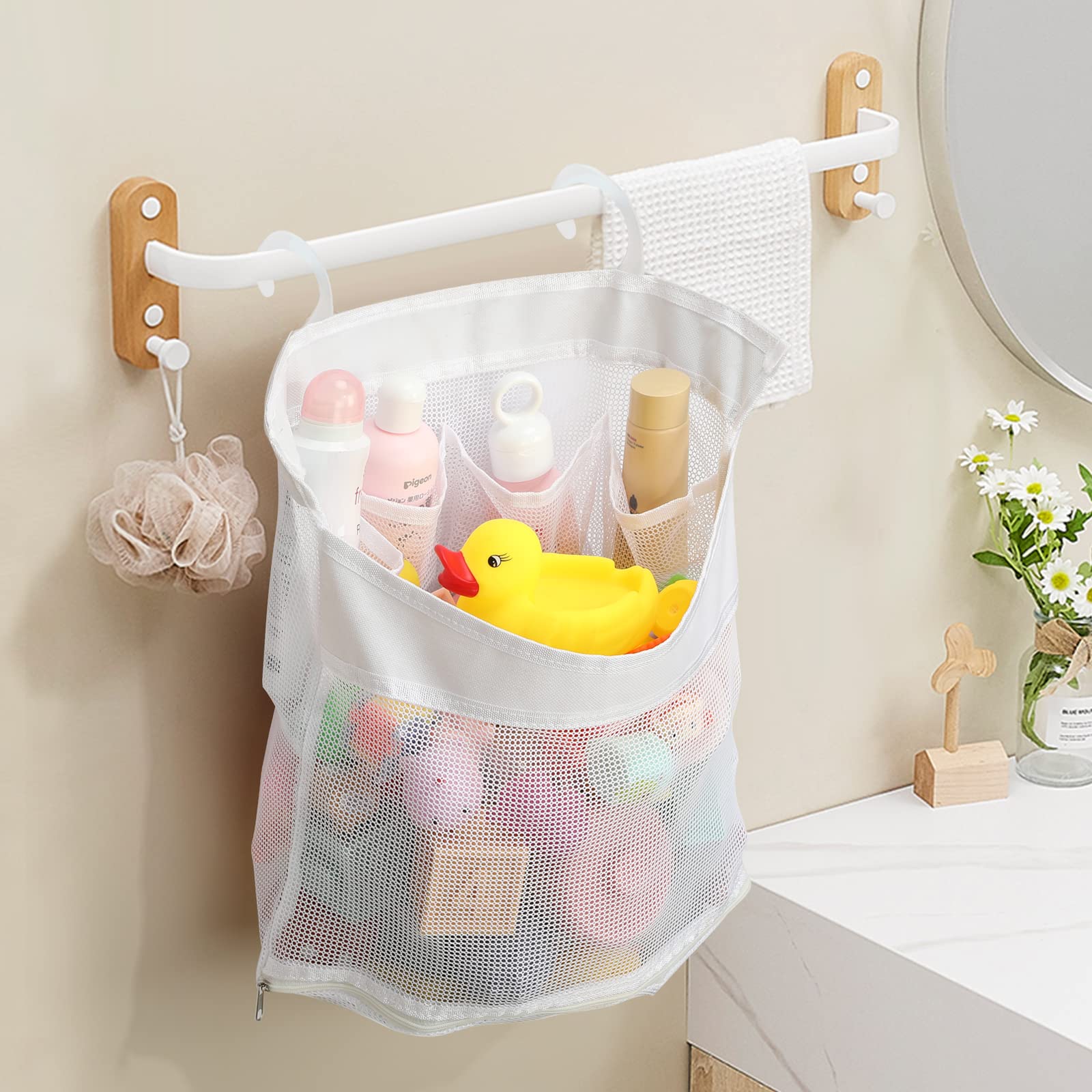 Fypxd Bath toy storage,Bath Toy Organizer,Large Capacity,Quick Drying, Bottom Zipper Bathtub Toy Storage Bag,Corner Hang-Suspension Bath Toy Holder (White)