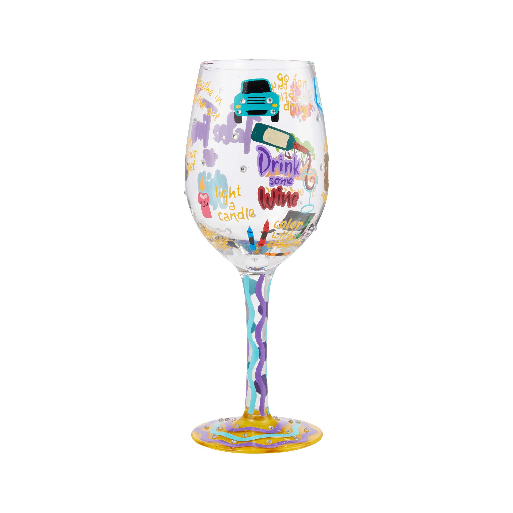 Enesco Designs by Lolita Take Time to Chill Artisan Hand-Painted Wine Glass, 1 Count (Pack of 1), Multicolor