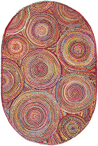 SAFAVIEH Cape Cod Collection Area Rug - 5' x 8' Oval, Red & Multi, Handmade Boho Braided Circles Jute & Cotton, Ideal for High Traffic Areas in Living Room, Bedroom (CAP203A)