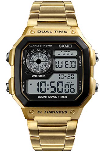 PASOY Men's Digital Multi-Function Watches Dual Time Alarm Stopwatch Countdown Backlight Waterproof Watch (Gold)