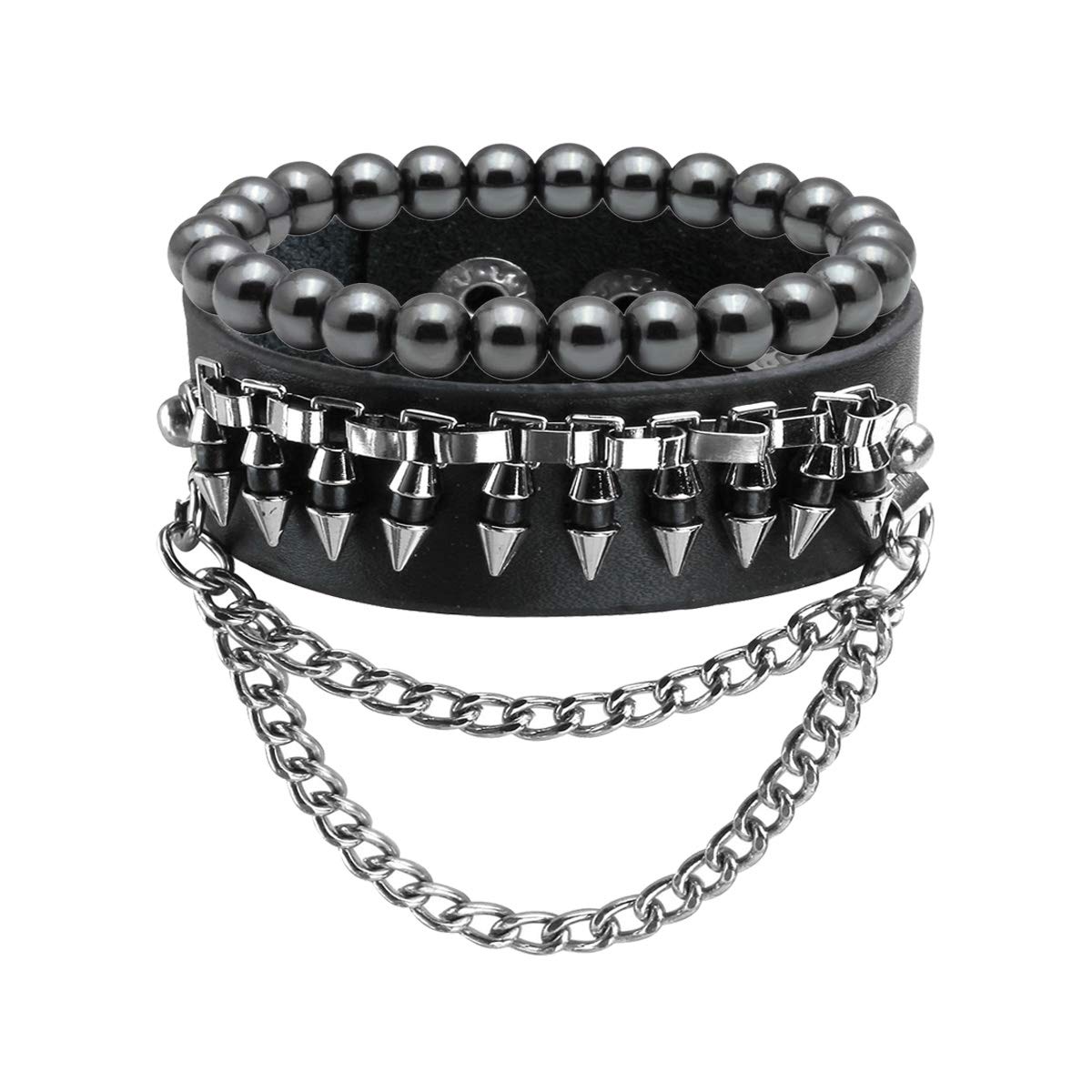 Eigso Punk Leather Cuff Bracelets for Men Women 80s Retro Hematite Rock Spikes Metal Cuff Wristband Set Adjustable for Man Woman