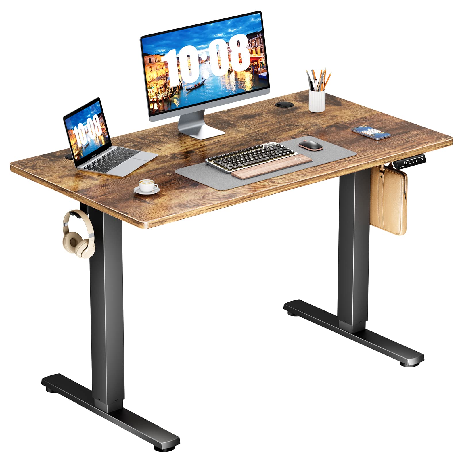 DUMOS Electric Standing Desk-Height Adjustable Table with 3 Memory Presets Ergonomic Computer Workstation with T-Shaped Metal Bracket Suitable for Home Office, 4020, Brown