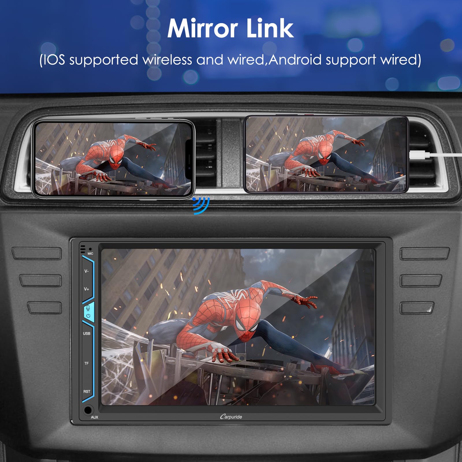 Double Din Car Stereo-Carpuride 7 Inch Touchscreen Car Radio with Backup Camera,Bluetooth,Wireless Carplay/Android Auto,Voice Control,FM Radio, Mirror Link, Steering Wheel Control(SWC)/USB/TF/AUX