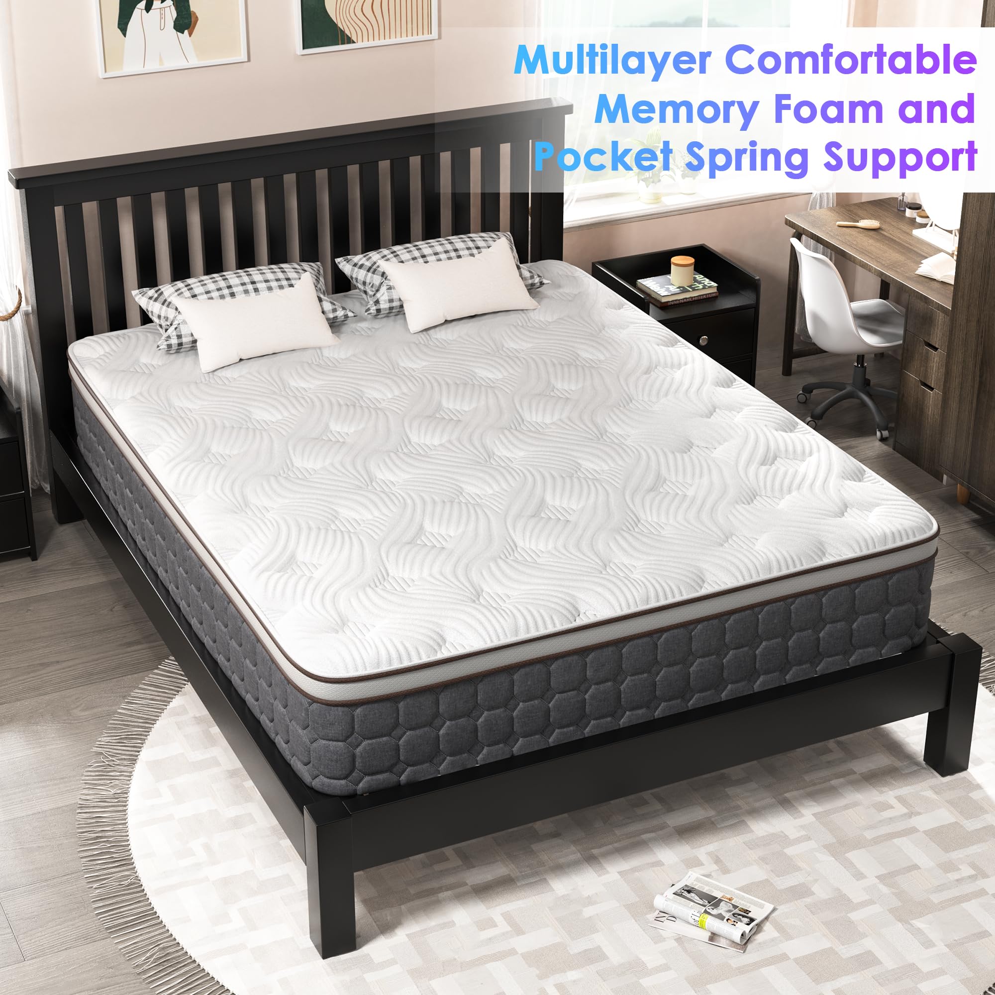 MPZHJENS Queen Mattresses, 12 Inch Hybrid Queen Size Mattress, Queen Bed Mattress with Memory Foam and Pocket Spring, CertiPUR-US