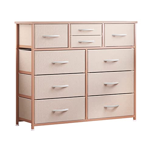 LUMTOK 10-Drawer Dresser, Fabric Storage Dressers Drawers for Bedroom, Hallway, Nursery, Closets, Steel Frame, Wood Top, Easy Pull Handle (Rose Gold)