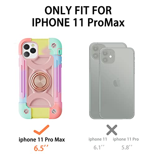 MARKILL Compatible with iPhone 11 Pro Max Case 6.5 Inch with 360°Rotate Ring Stand, Military Grade Drop Protection Full Body Rugged Heavy Duty Case 3 in 1 Protective Durable Cover. (Rainbow Pink)