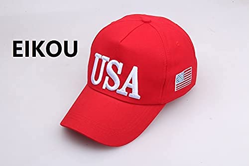 EIKOU RED USA Baseball Cap Polo Style Embroidered Dad Hat Adjustable American Flag for Men and Women（Come with The Flag Necklace）