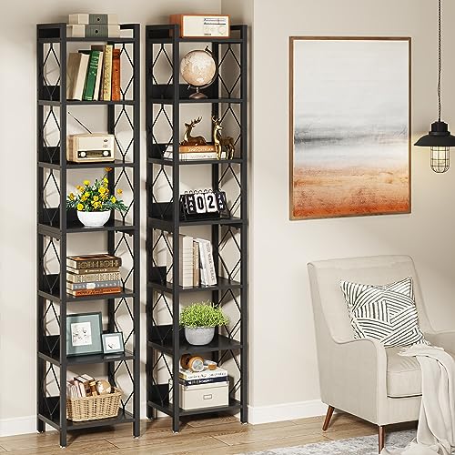 LITTLE TREE 7-Tier Narrow Bookshelf, 78.7-Inch Extra Tall Skinny Bookcase for Small Spaces, Freestanding Display Shelves, Multifunctional Corner Storage Organizer Unit for Home Office, Black