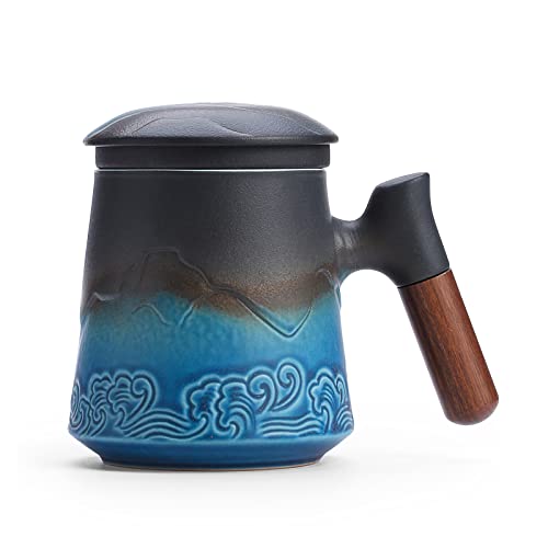 MAXJOY Tea Cup with Infuser and Lid,15.2 OZ Large Loose Leaf Tea Cup,Ceramic Tea Steeping Mug with Rosewood Handle,Black & Blue