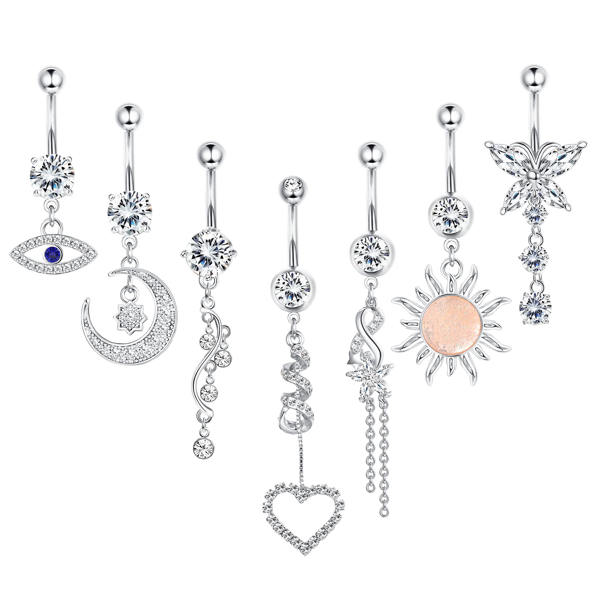 Fansilver 7Pcs 14G Belly Button Rings Dangle 316L Surgical Steel CZ Navel Ring Barbell for Women Butterfly Heart Evil Eye Belly Button Rings Pack