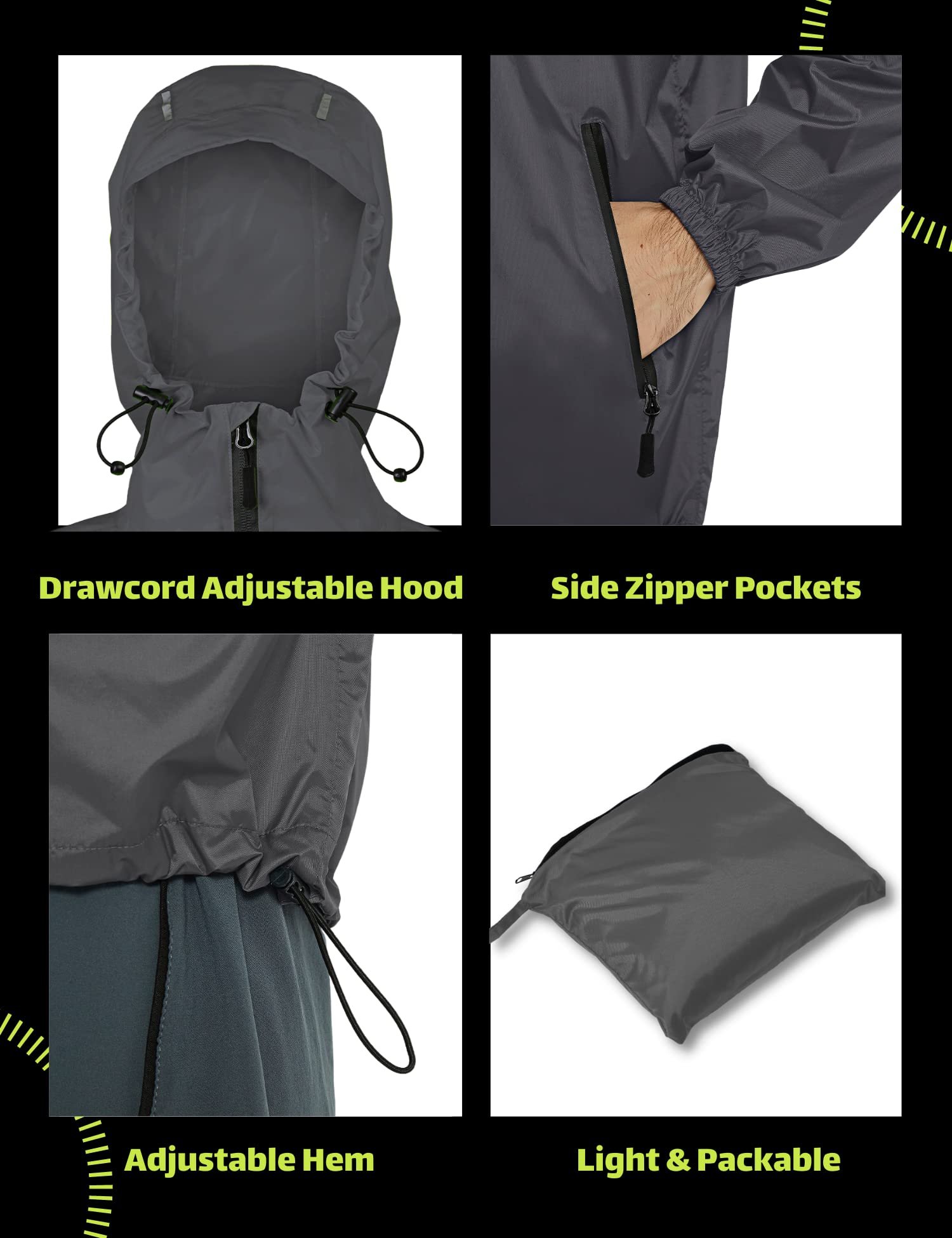 DEMOZU Men's Lightweight Running Cycling Rain Jacket Water Resistant Packable Hooded Bike Windbreaker Jacket, Neon Yellow, L