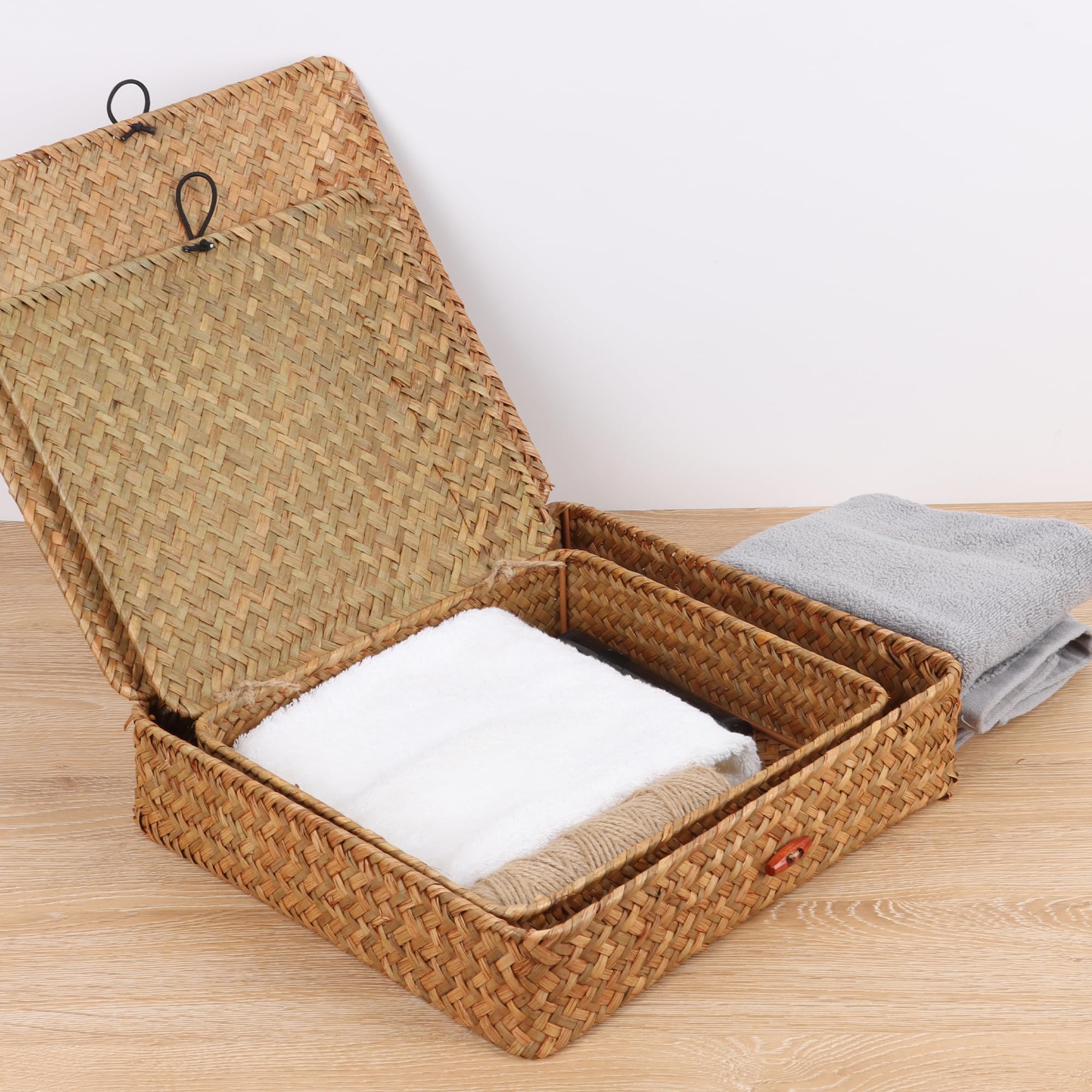 Moosky Flat Wicker Shelf Baskets with Lid, Seagrass Woven Basket Boxes for Storage Basket Bins Multipurpose Home Decor Organizer (Natural Set of 2)