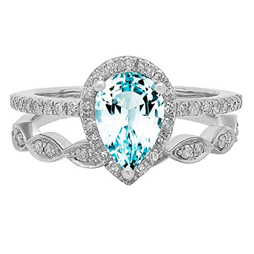 Dazzlingrock Collection 9X6 MM Pear Aquamarine & Round Diamond Ladies Halo Teardrop Wedding Ring Set in 14K White Gold, Size 5.5