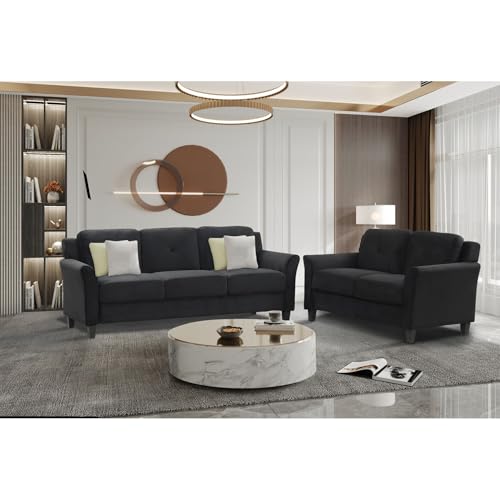 NHX 3 Piece Living Room Set Sectional Sofa Include Rolled Arms Three Seater Sofa, Loveseat and Armchair Upholstered (1+2+3 Black Sofa Set)