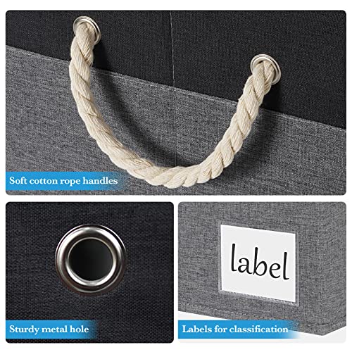 RVSNQ Large Fabric Storage Bins, Closet Storage Bins with Cotton Rope Handle and Label, Foldable Storage Boxes for Organizing, Storage Baskets for Shelves Bedroom Closet Office(3-Pack, Grey&Black)