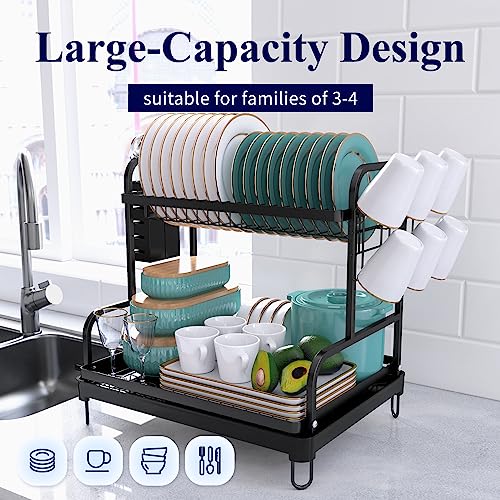 Kitsure Dish Drying Rack - Multipurpose 2-Tier Dish Rack, Dish Drainers for Kitchen Counter, Large-Capacity Dish Dryer, Kitchen Drying Rack for Dishes w/Cutlery Holder 4064GY