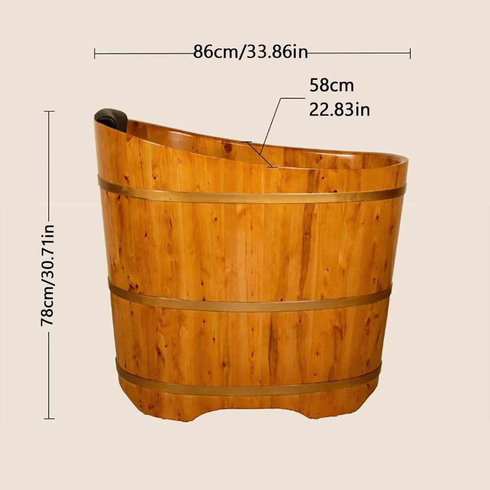 MegLob Mobile Free Standing Wooden Bathtub with Insulation Lid, Solid Wood Deep Soaking Tub with Bathtub Stool, Compact Soaker Lit for Small Bathroom with Pop-Up Drain Valve & Drain Hose,Light