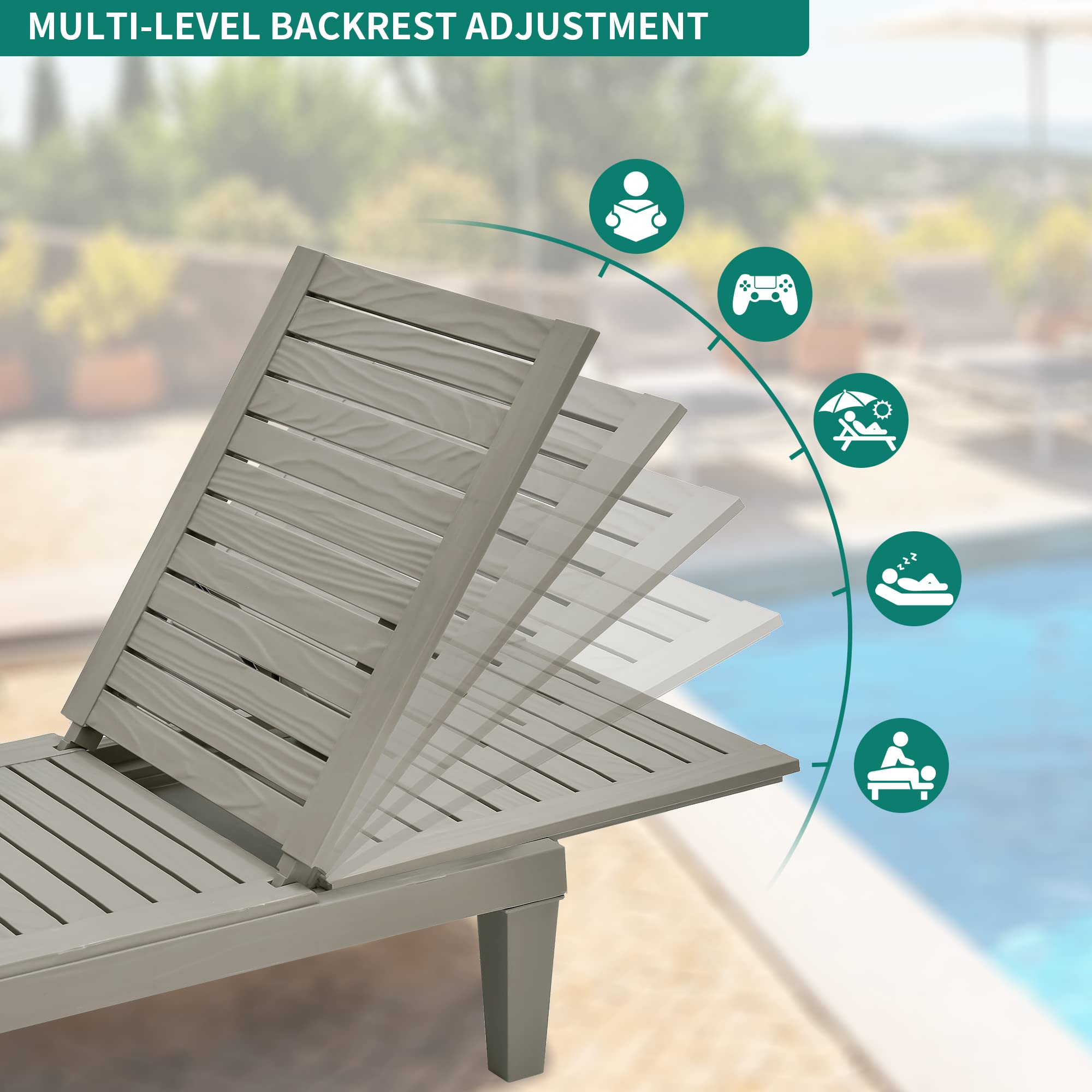 YITAHOME Patio Chaise Lounge Set of 2, Outdoor Chaise Lounge with Cushion & Adjustable Backrest for Backyard, Poolside, Lawn, Waterproof & Easy Assembly (Taupe)