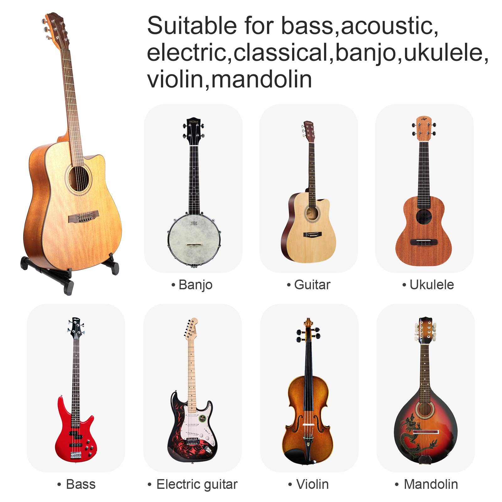 Eison Folding Guitar Stand,Lightweight Adjustable Floor Guitar Holder with 8 Guitar Picks,Portable A Frame Aluminium Music Stand for Acoustic Electric Guitars, Bass, Violin, Ukulele, Mandolin,Banjo