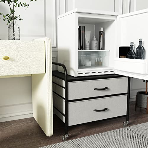 Mini Fridge Stand with Storage, KOZIDO 2-Tier Drawer Organization Rolling Cart for Mini Fridge, Dorm Fridge Stand with Grey Drawers, Metal Frame, Swivel Wheels