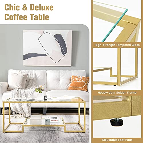 NAFORT Tempered Glass Coffee Table, 45 Inch Gold Rectangular Modern Center Table with Lower Storage Shelf, Sturdy Metal Frame, for Living Room Home Office/Gold