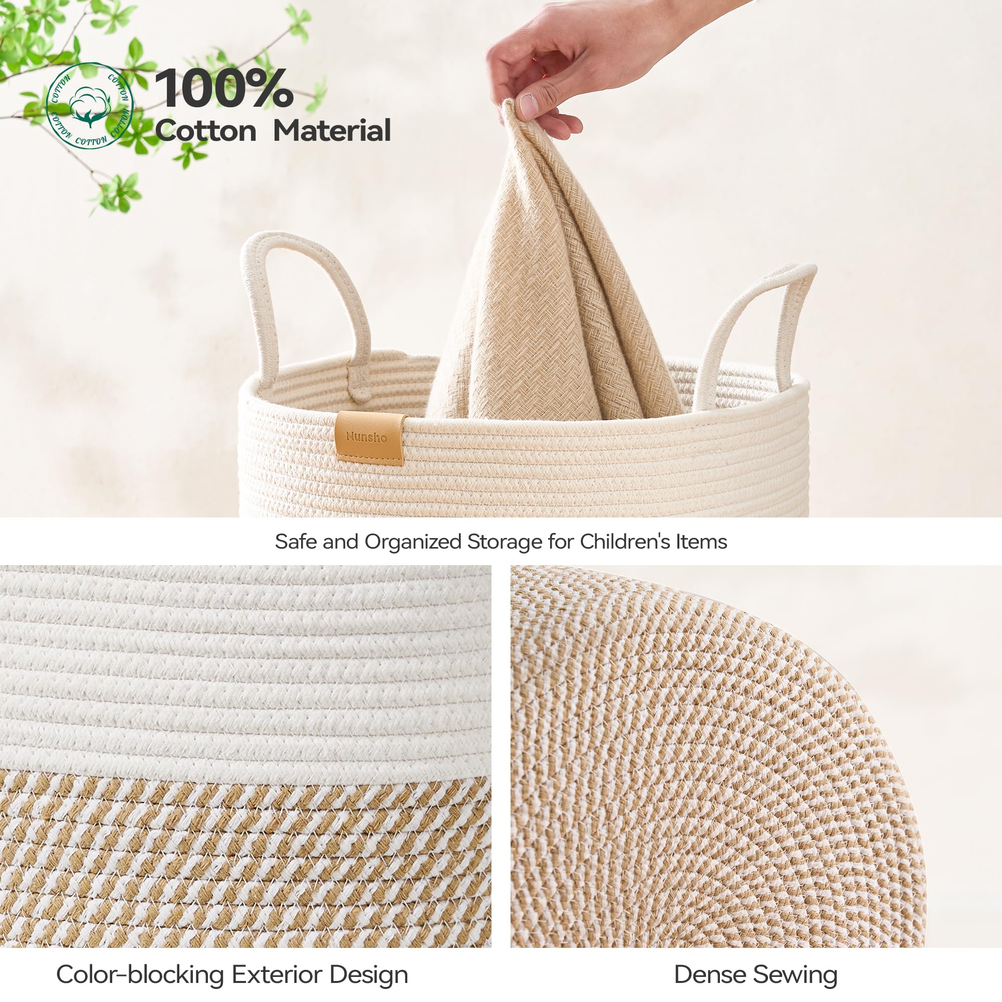 Nunsino 80L Laundry Hamper Basket,Baby Nursery Woven Storage Basket for Toys Bin,Pillows,Blankets,Clothes,Brown&White