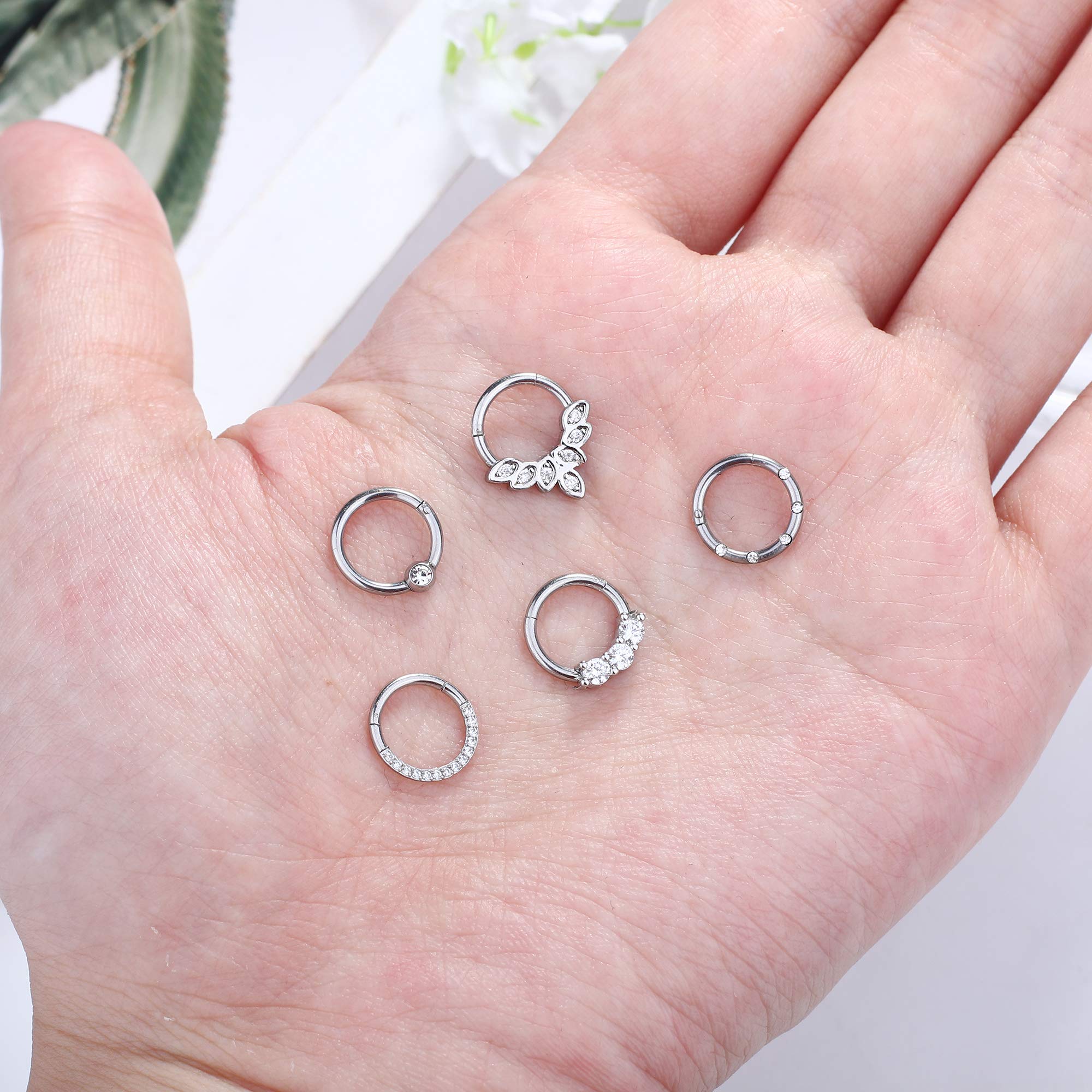 Drperfect Daith Earrings 16G Stainless Steel Cartilage Helix Tragus Nose Hoop Piercing Jewelry 8MM Silver CZ Hinged Septum Clicker Rings