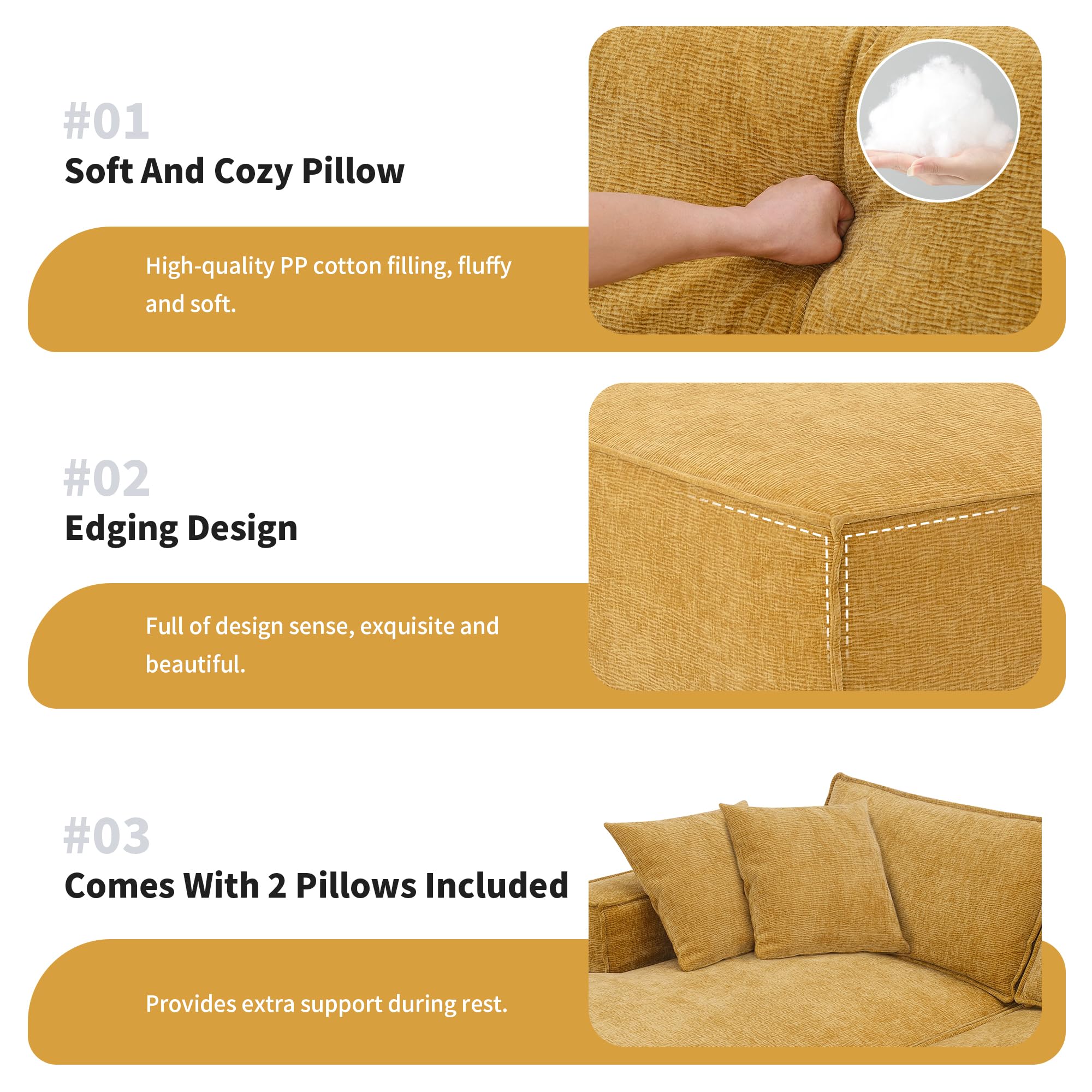 ONEMMLION Modular Sectional Sofa Cloud Couch, 112" Comfy Modern L Shape Sectional Couches for Living Room, Apartment, Fluffy Chenillle Minimalist Convertible Sofa with Chaise Lounge, Yellow