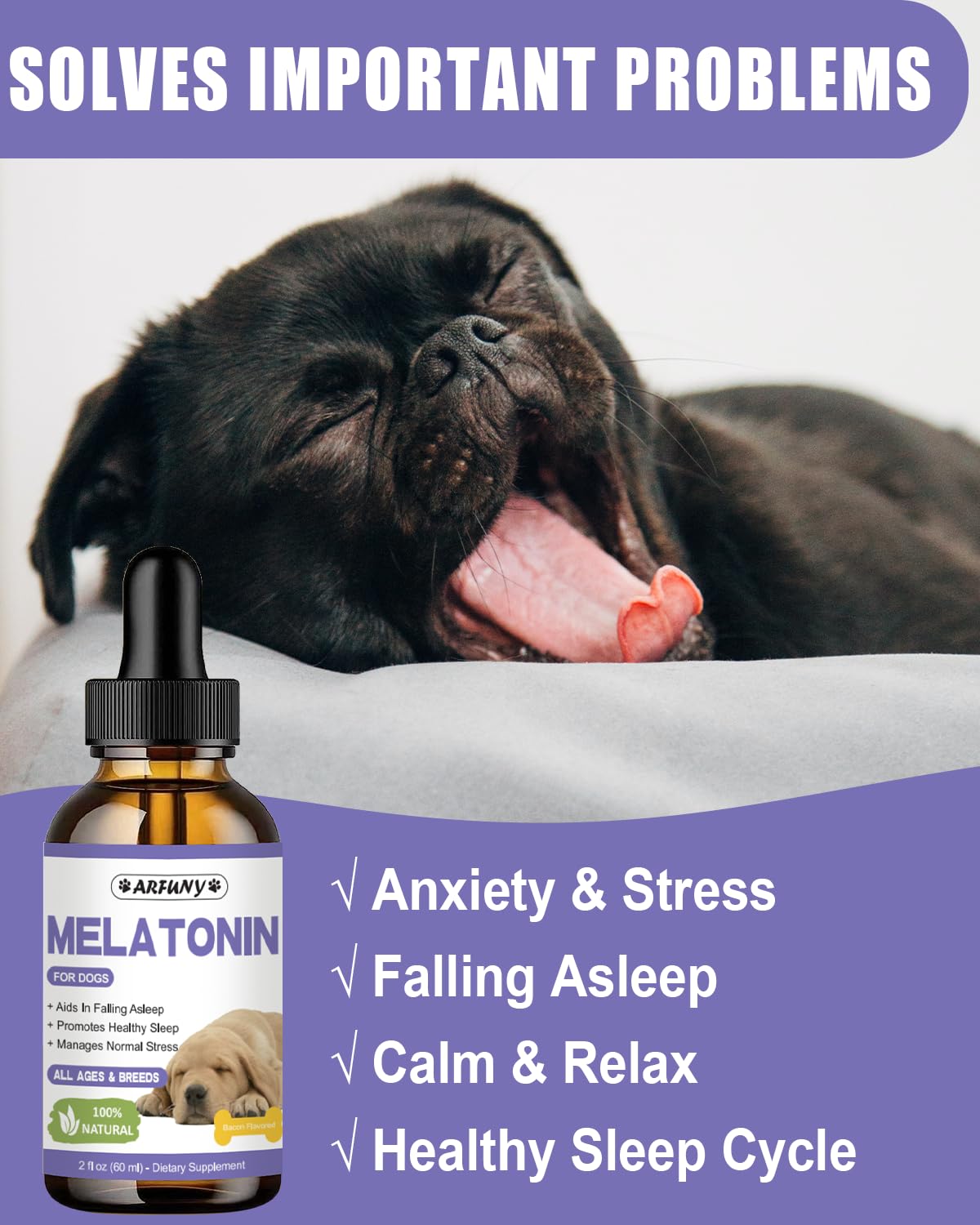 Melatonin for Dogs | 60ML Natural Calming for Dogs Anxiety & Stress with Melatonin, Valerian, Ashwagandha & L-Theanine | Liquid Melatonin for Dogs Helps with Sleep, Thunder, Fireworks | 2 oz, Bacon