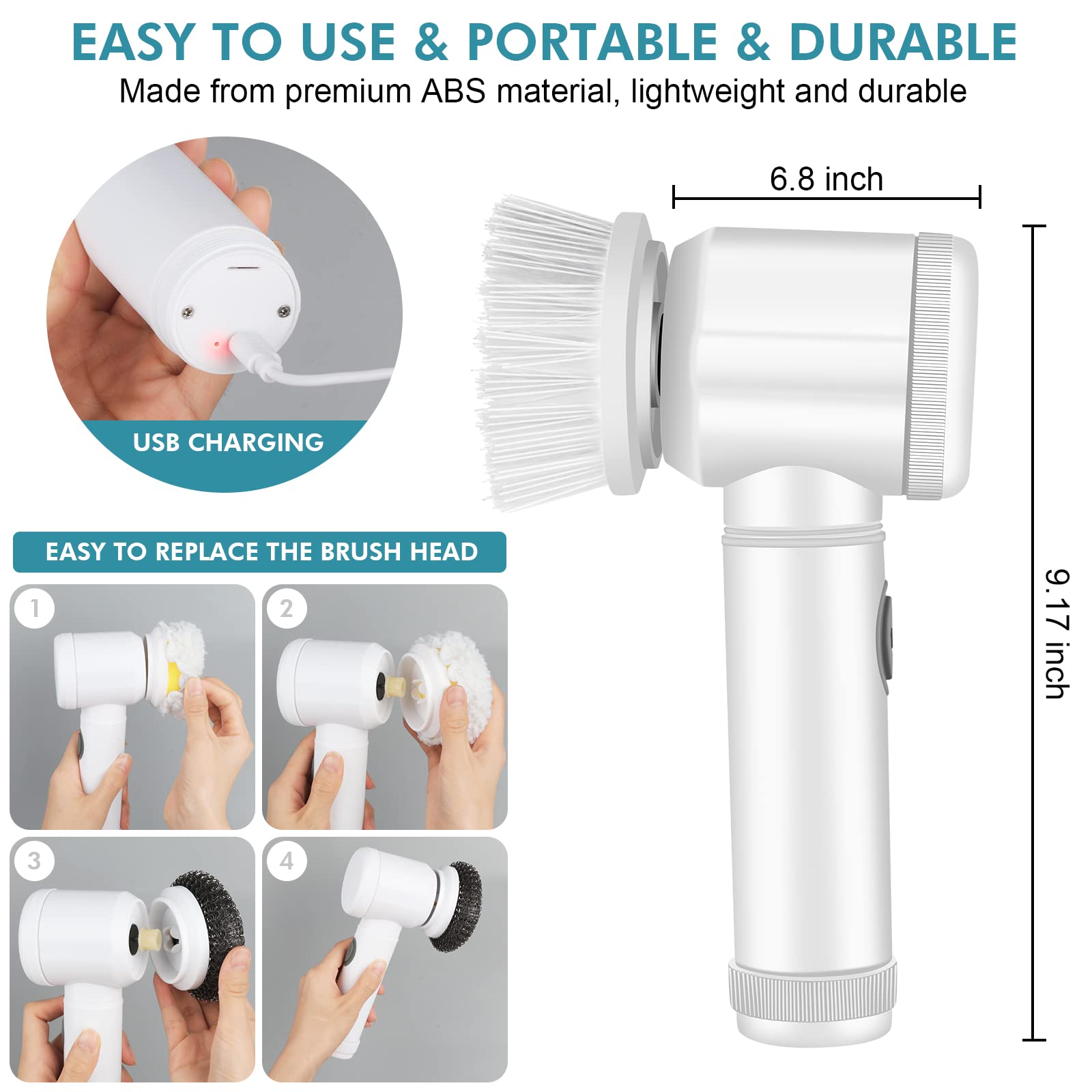 LEKISHE 2 PCS Replacement Heads for Electric Cleaning Brush Electric Spin Scrubber, Soft Flat Brush, Wire Brush, Sponge Brush, Scouring Pad Brush Head Set