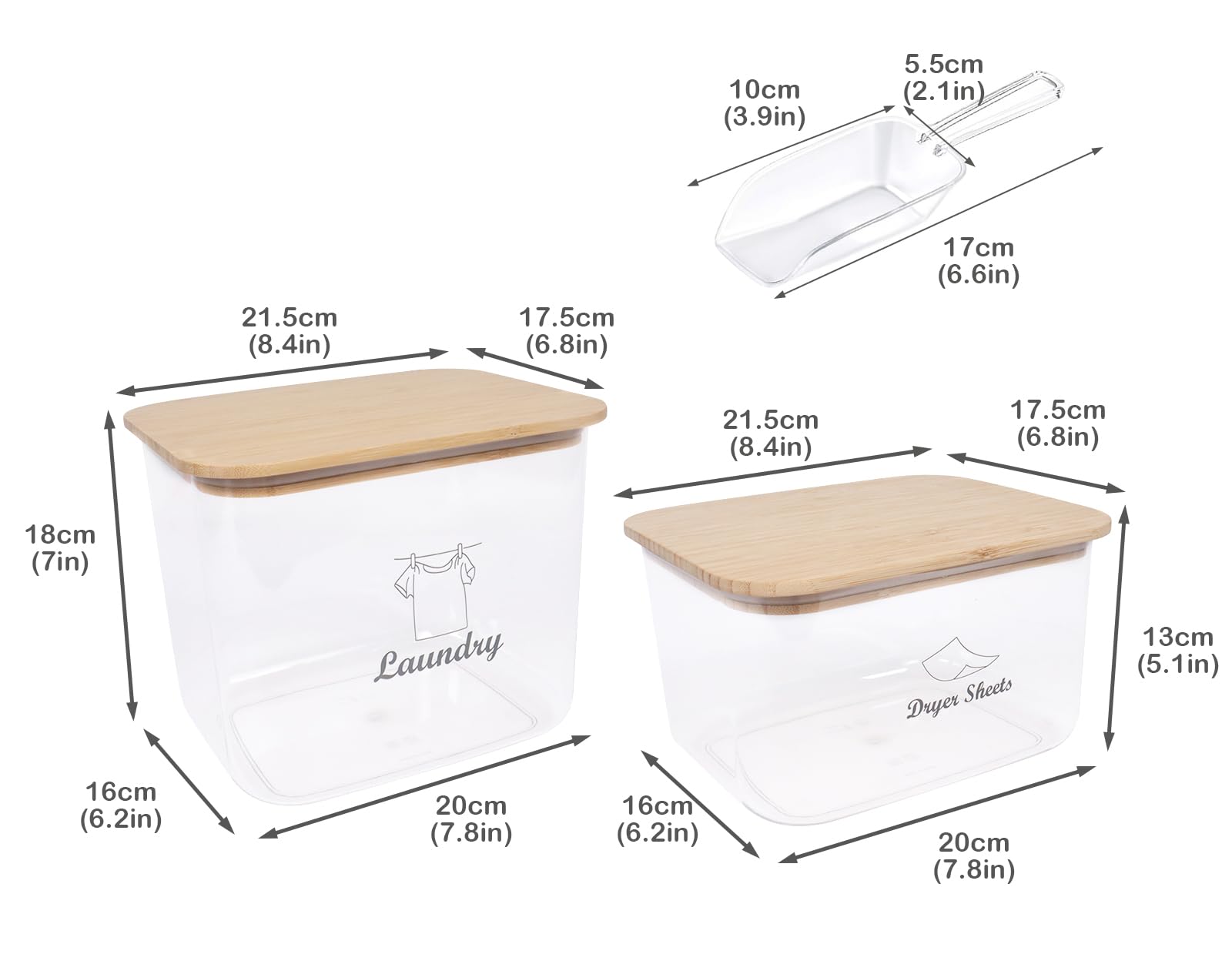 Xbopetda Laundry Pods Container and Dryer Sheet Holder for Laundry Room Organization and Storage, Acrylic Laundry Powder Detergent Dispenser, Clear Dryer Sheets Container, Bamboo Sealing Lid and Scoop
