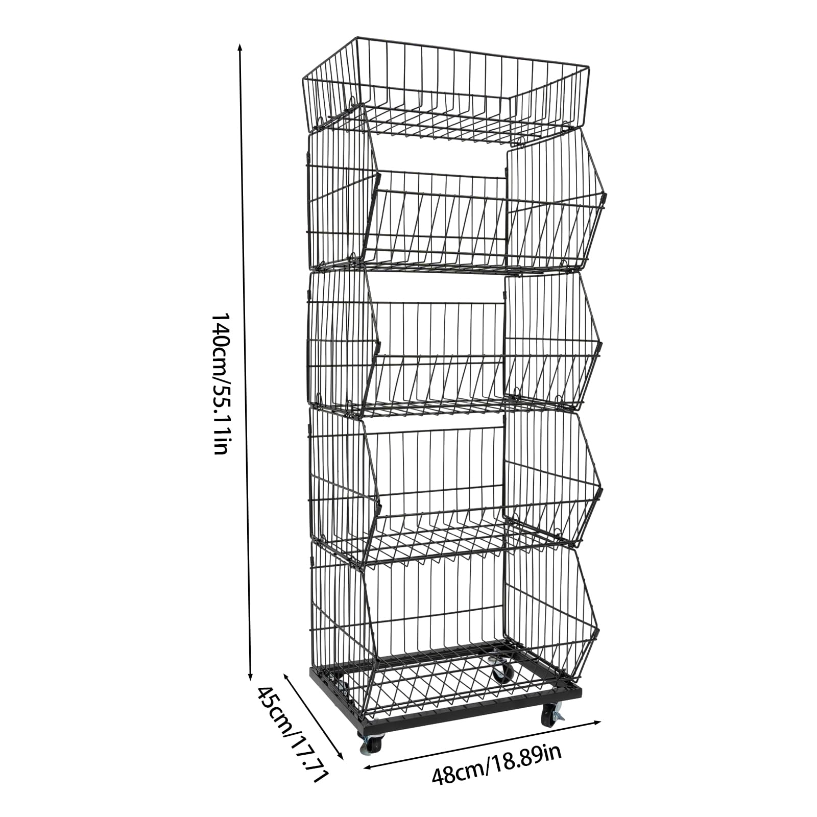 Lemoeyes 5-Shelf Shelving Unit, Wire Shelving with Wheels Market Retail Display Rack, 35.4" Wx17.7 Dx55 H Fruit Vegetable Snack Basket for Kitchen Garage Pantry, 44lbs Capacity Per Tier