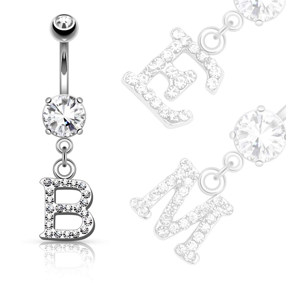 Dynamique 14GA Sparkly Clear Gem Paved Initial Dangle Belly Button Ring