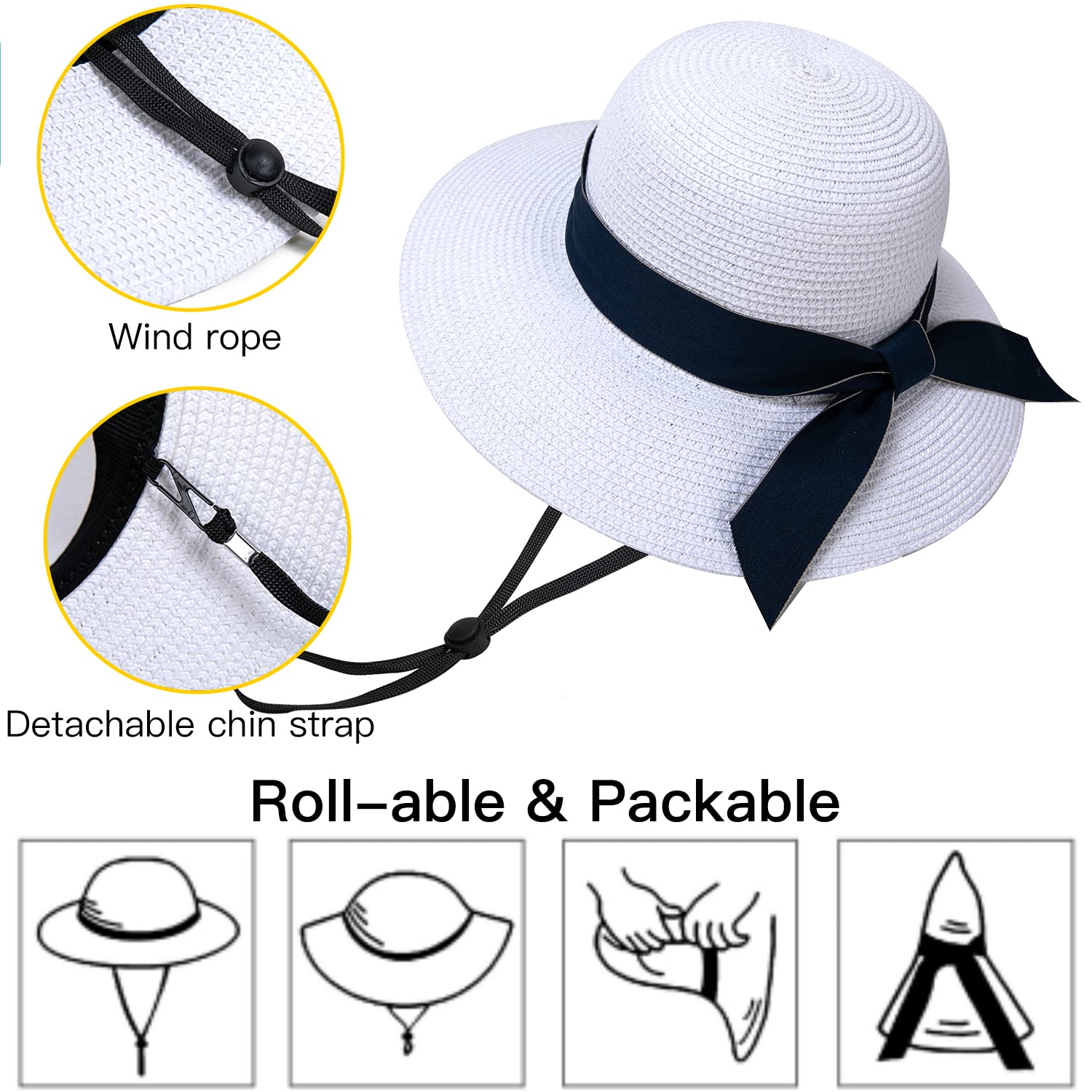 FARVALUE Women's Sun Beach Straw Hat Foldable Floppy Hats Summer UV Protection Wide Brim Travel Beach Cap Blue