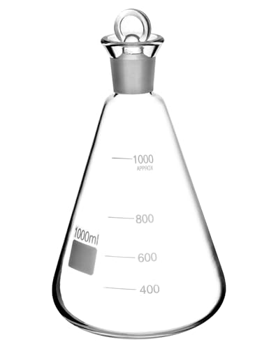 QWORK 1000ml Lodine Flask with Stopper, Thick Wall Flask with 24/29 Standard Conical Outer Connection, Heavy Duty Borosilicate Glass Erlenmeyer Flask Interchangeable Stopper, Conical Shape