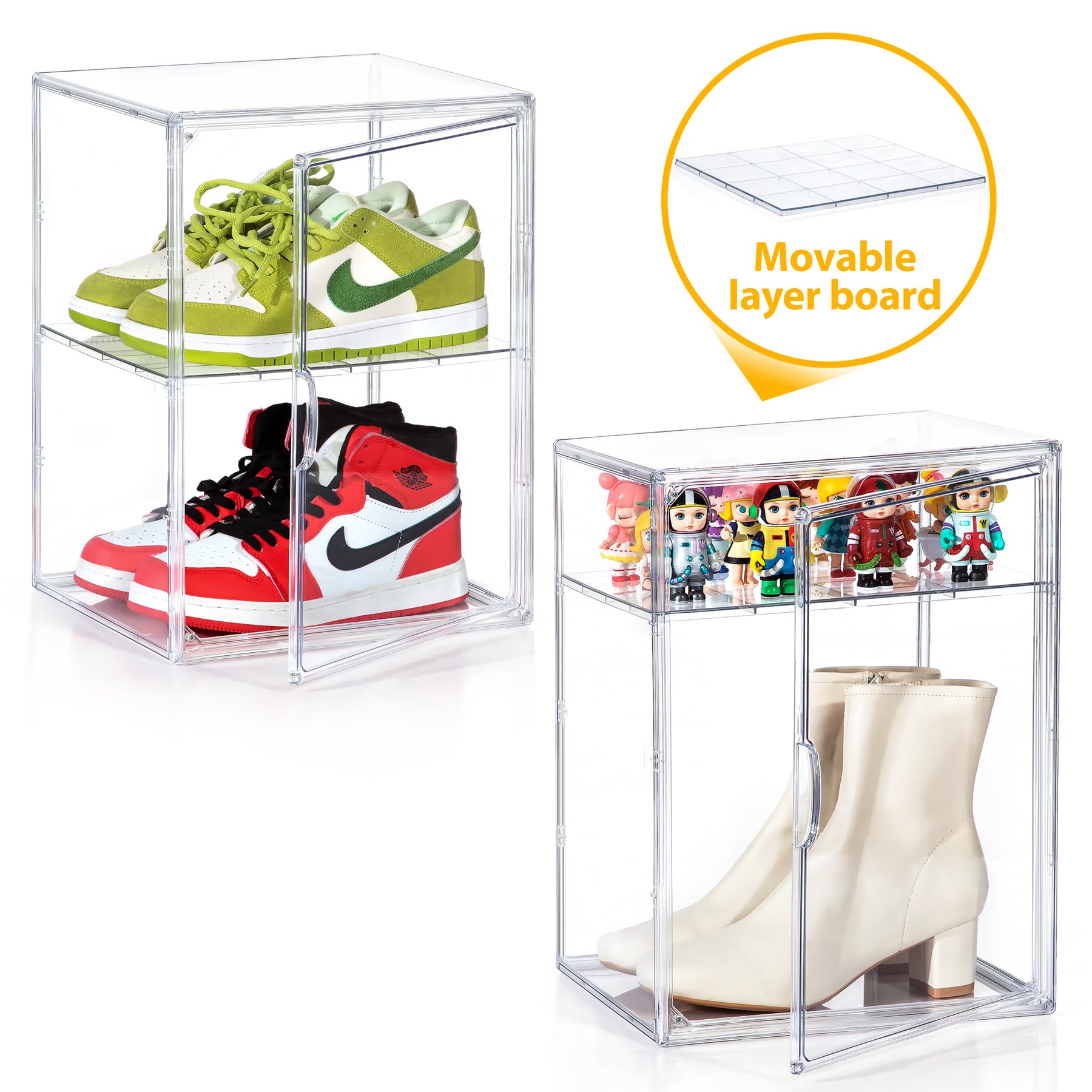 JOYHAUE 9 Pack XX-Large Acrylic Shoe Storage Boxes, Boot Shoe Box Organizers with an Adjustable Divider,Shoe Boxes Clear Stackable with Magnetic Lids, Big Display Case
