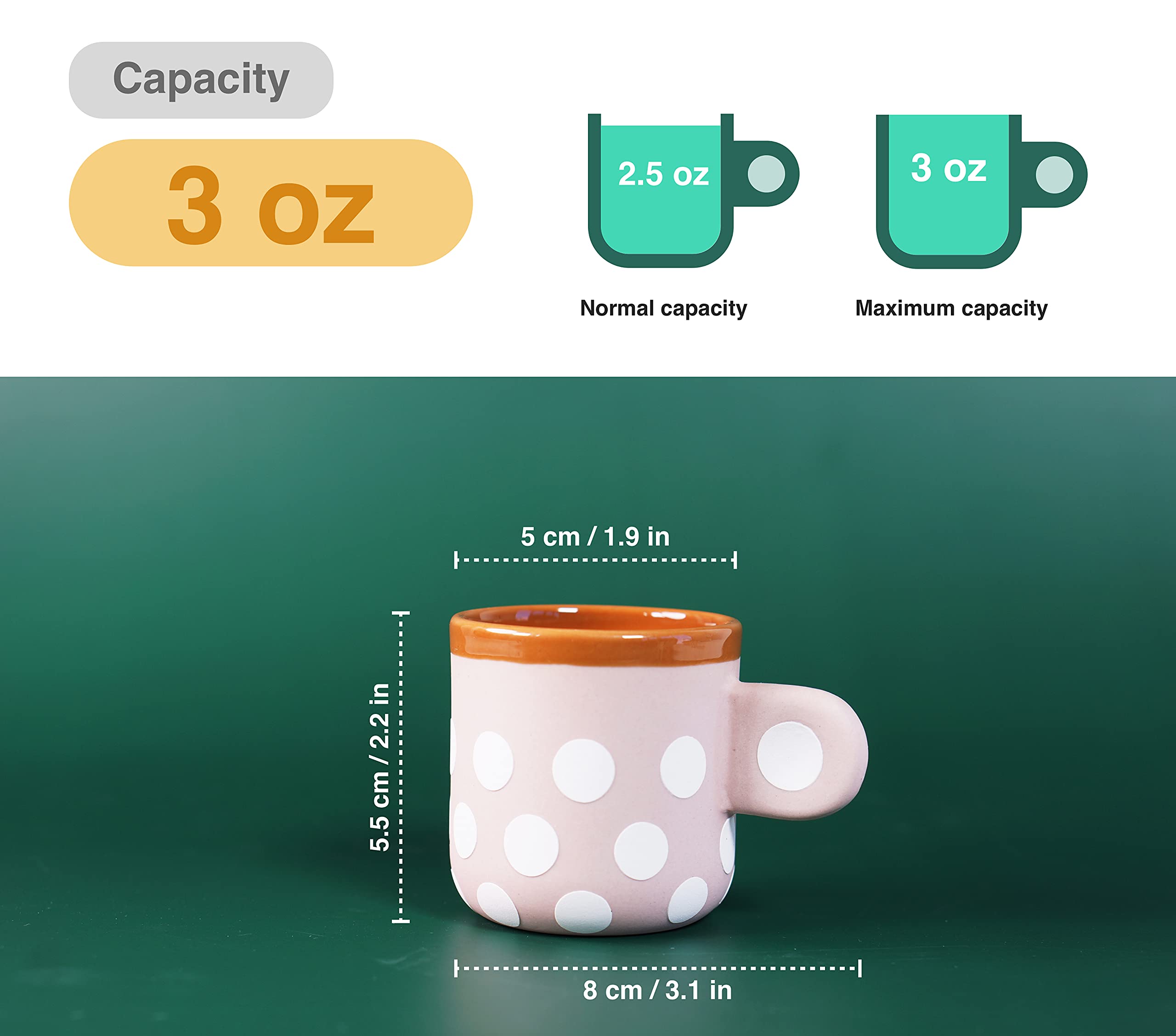KAKI Espresso Cups Set of 2-3 Ounce, Clay Espresso Cups Pink with White Polka Dot, Handmade Expresso Coffee Cup for Coffee Lovers, Gifts for Mom, Dad or Friends (Pack 2)