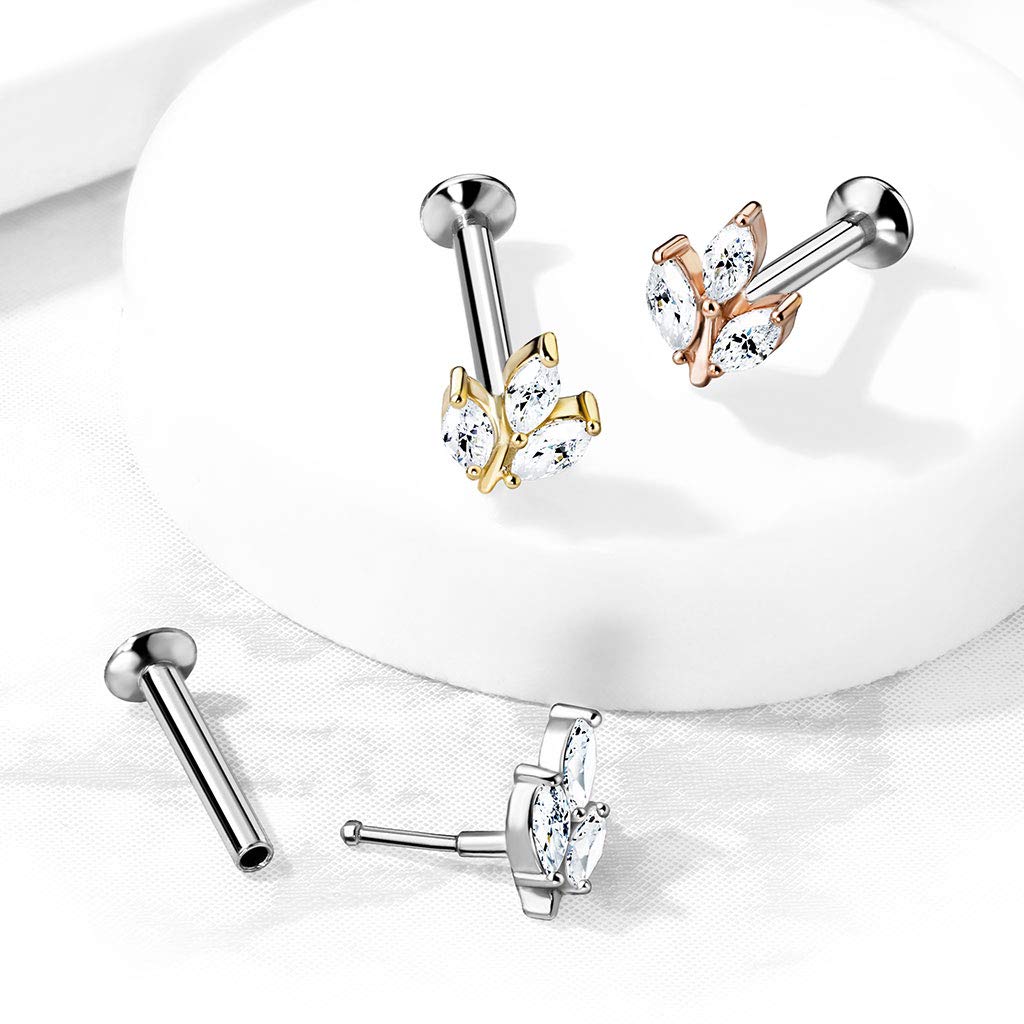 Dynamique 3 Marquise CZ Prong Set Threadless Top 316L Surgical Steel Push in Style Labret, Flat Back Stud (Sold Per Piece)