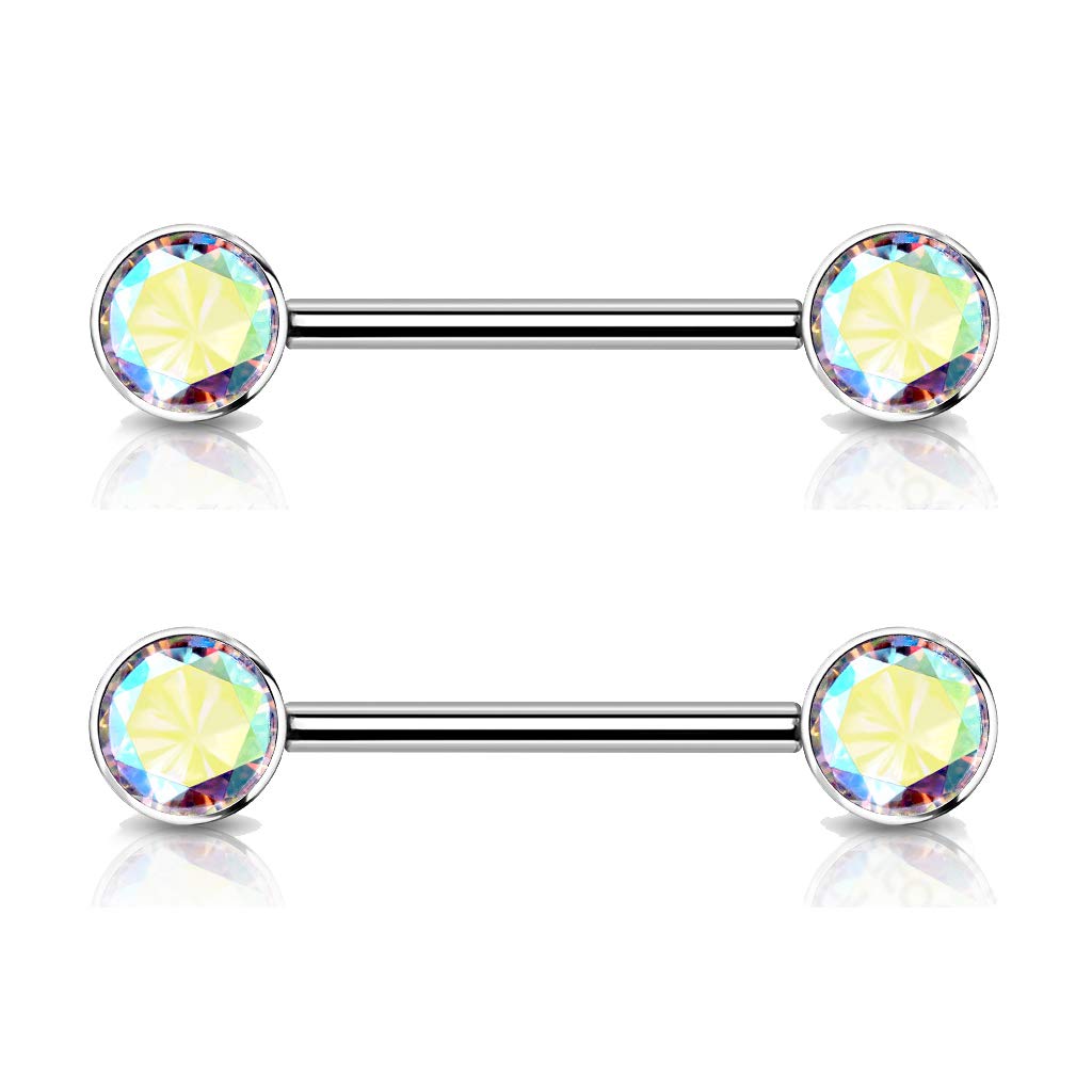 Dynamique Implant Grade Titanium Nipple Barbells With CZ Bezel Set Internally Threaded Ends (Sold Per Pair Or Per Piece)