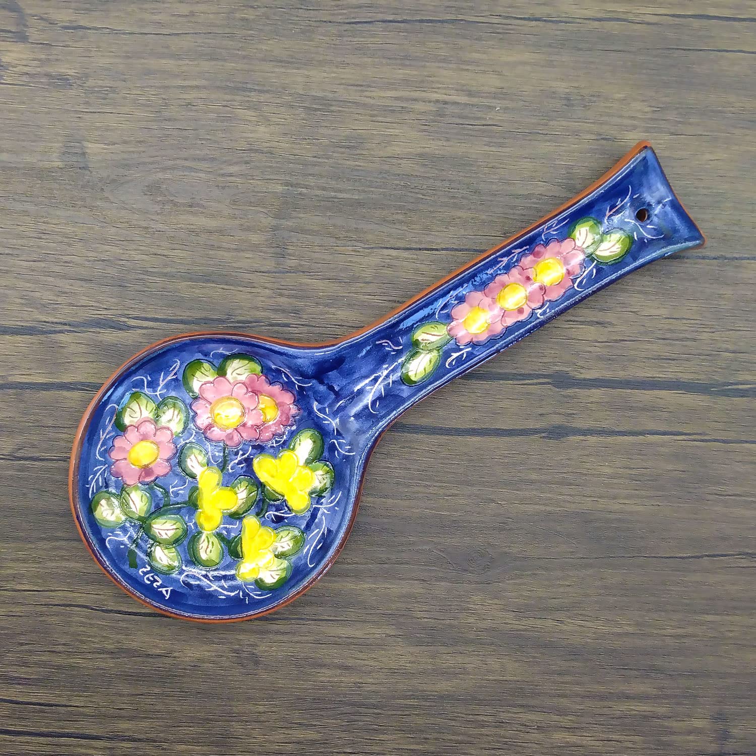 Handmade Hand Painted Portuguese Pottery Ceramic Spoon Rest (Floral), 11'' x 4.75'' x 0.5'' inches