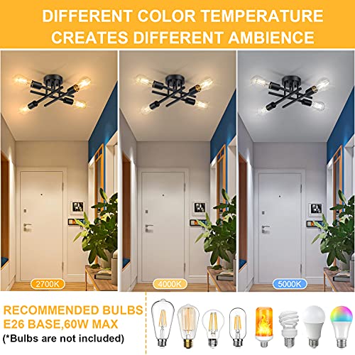 SunRider Industrial 4-Light Semi Flush Mount Ceiling Light Fixture, Modern Farmhouse Lighting Matte Black, Rustic Sputnik Chandelier Ceiling Lamp for Kitchen Bedroom Living Room, Bulbs Not Included