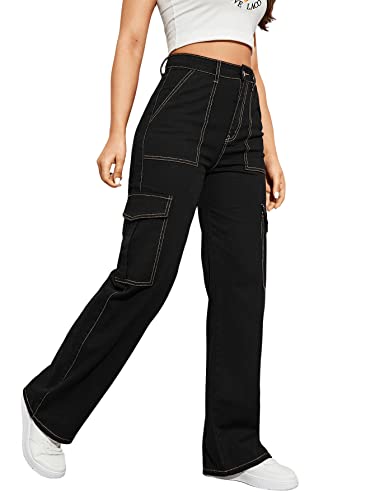 SweatyRocks Women's High Waist Cargo Jeans Flap Pocket Wide Leg Denim Pants Solid Black XXS