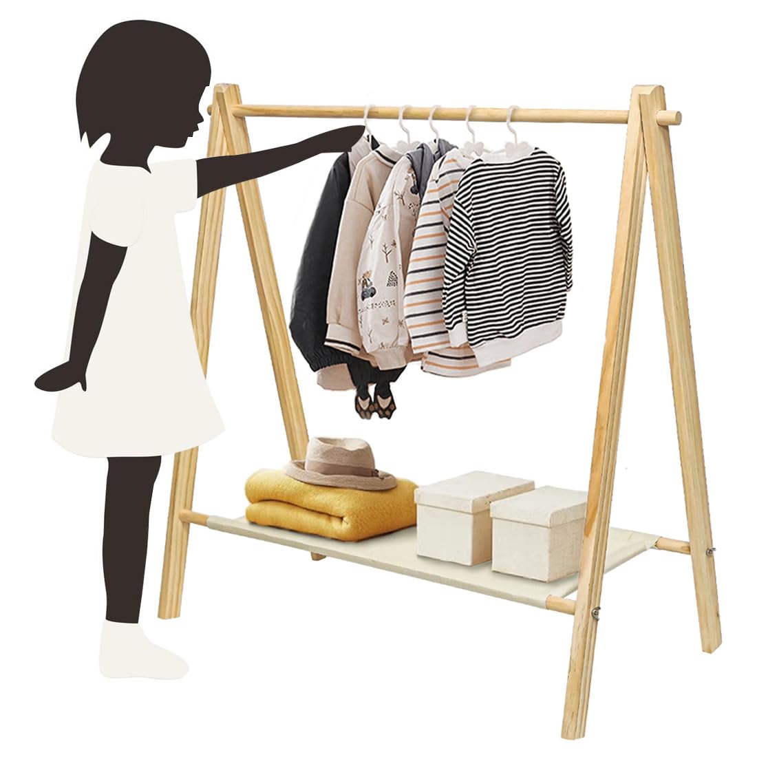 Morimoe Garment Rack with Bottom Storage Shelf, Pine Wood, Dress up Rack for Kids, 35" Width