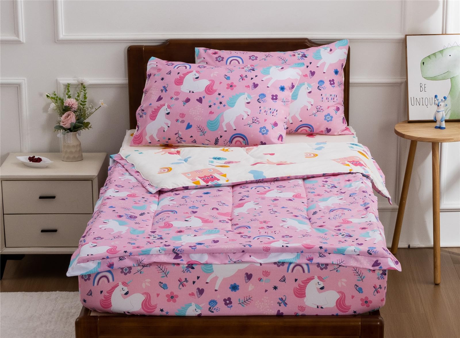 Meeting Story 3pcs Kids Comforter Sets Zipper Bedding Set for Girls,Twin Kid Bedding Set Rainbow Comforter Unicorn Bedding Set for Kid,All in one Zipper Bedding(Pink,Twin