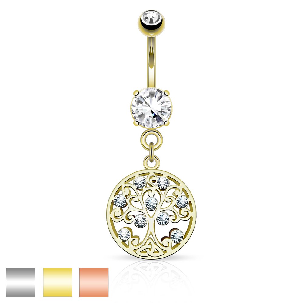 Dynamique Tree Of Life with CZ Dangle On Round CZ Surgical Steel Belly Button Ring (Sold Per Piece)