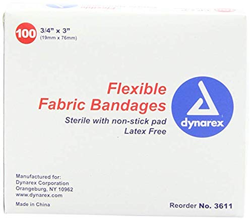 Dynarex Fabric Adhesive Bandages - Sterile & Flexible Fabric Bandages for Wounds - Non-Stick Pads - Individually-Wrapped First Aid Supplies - No Latex - 3/4x3", 100 Count(Pack of 1)