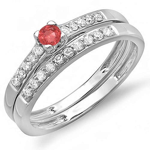 Dazzlingrock Collection 10K Round Red Ruby & White Diamond Women Bridal Engagement Wedding Ring Set, White Gold, Size 8